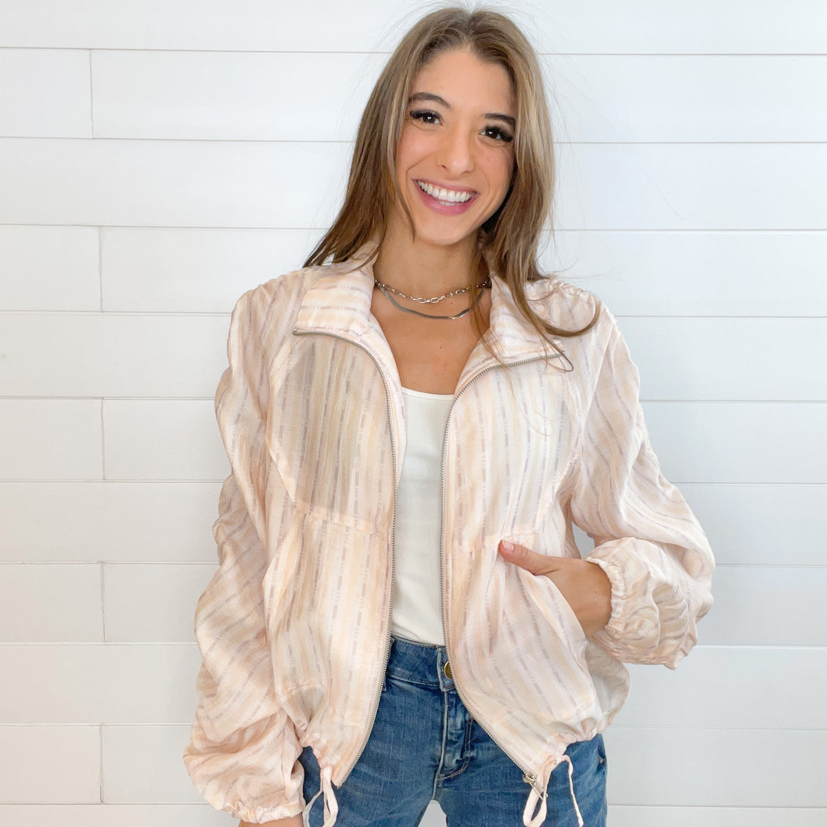 Ruched Sleeve Stripe Jacket – Mainstream-AppleValley